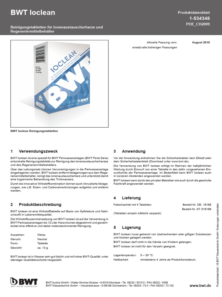 BWT Ioclean Product Data Sheet | PDF