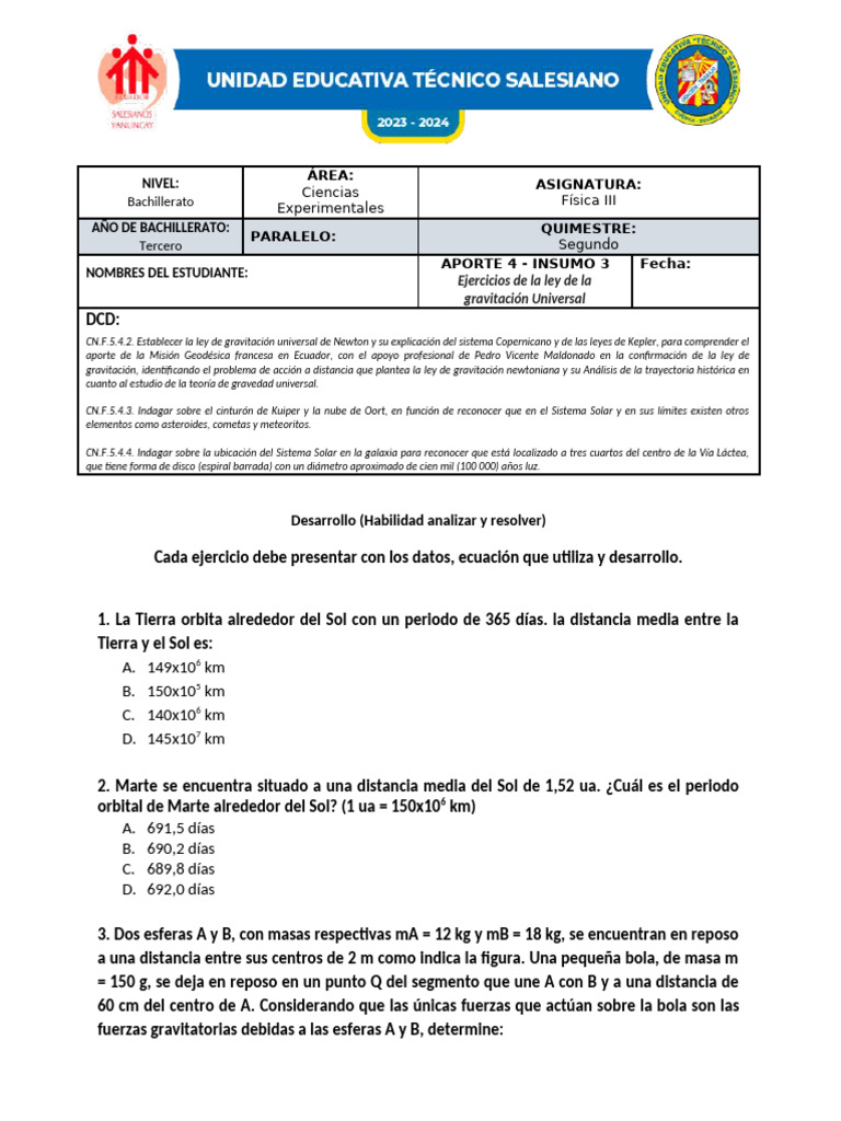 Aporte 4 - Insumo 3 Ejercicios de Gravitacion Universal | PDF
