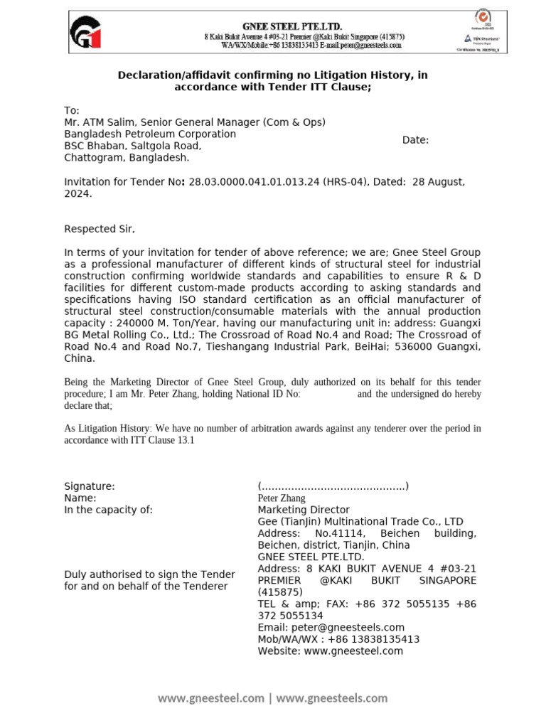 Decleration of Litigation History | PDF