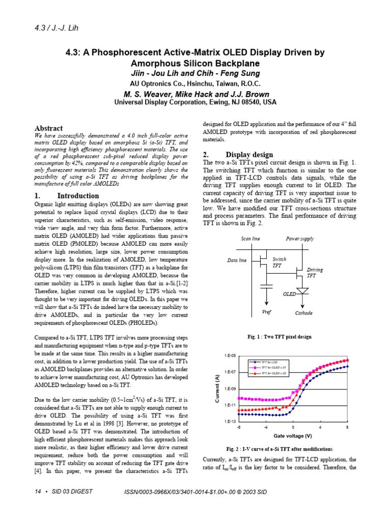 4.3: A Phosphorescent Active-Matrix OLED Display Driven by Amorphous Silicon Backplane | PDF