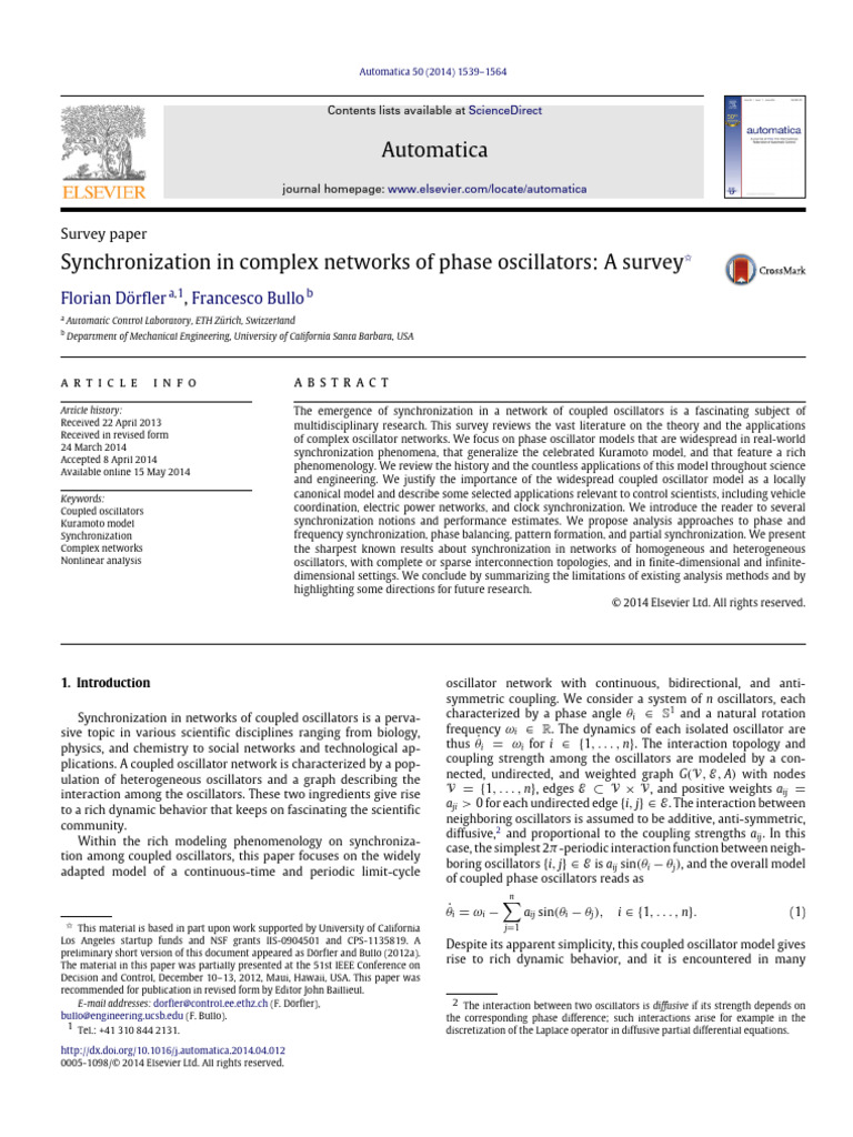 Dörfler-Synchronization in Complex Networks of Phase Oscillators - A Survey-2014-Automatica | PDF