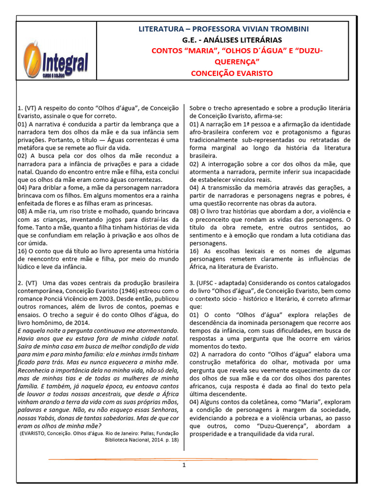 Contos Maria, Olhos D Água E Duzu-Querença Conceição Evaristo | PDF