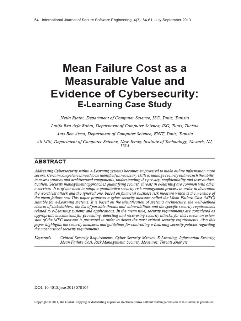 Mean Failure Cost As A Measurable Value and Evidence of Cyber Security E-Learning Case Study | PDF