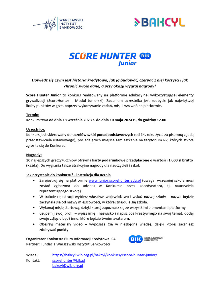 SCORE HUNTER JUNIOR - IV Edycja - Ulotka Dla Ucznia | PDF