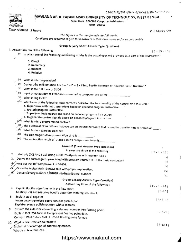 Bca-2-Sem-Computer-Architecture-Bcac202-2023pdf MAKAUT Question Paper and Solut | PDF