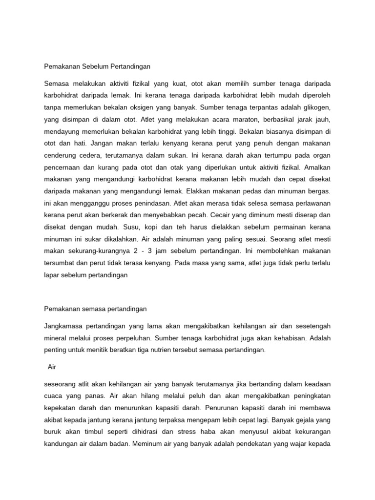 Pemakanan Sebelum Pertandingan | PDF