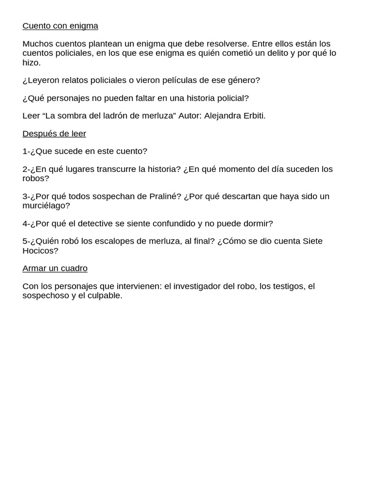 Cuento Con Enigma L ZOMBRA DEL VENDEDOR DE MERLUZa | PDF