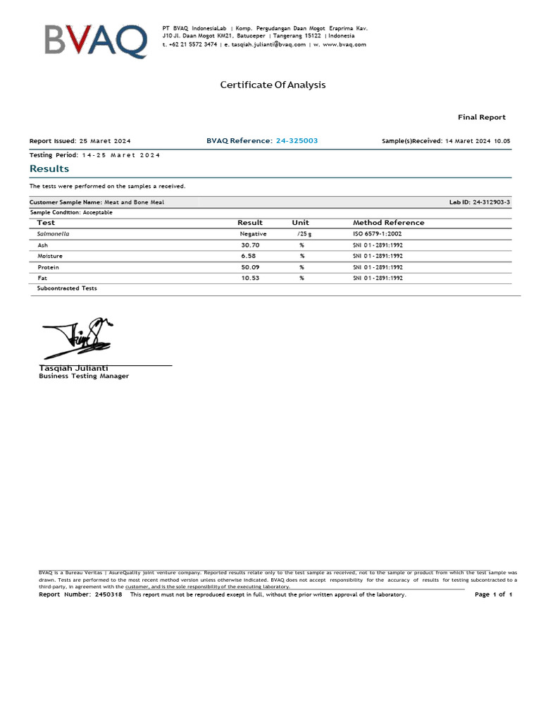 COA Meat and Bone Meal BVAQ | PDF