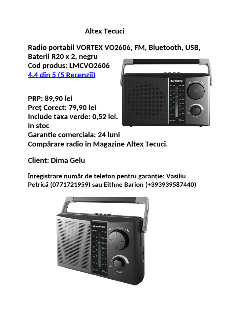 Altex Tecuci (Radio Portabil Vortex Lui Dima Gelu) | PDF