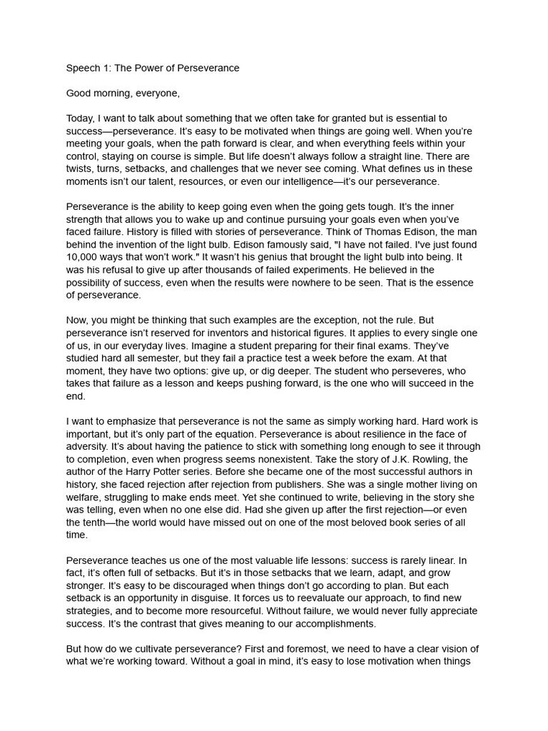 Speech 1 - The Power of Perseverance | PDF