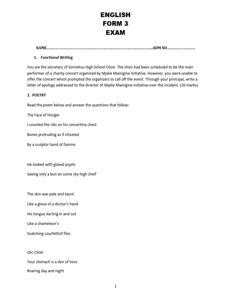 Form Three English Set 1 QS | PDF