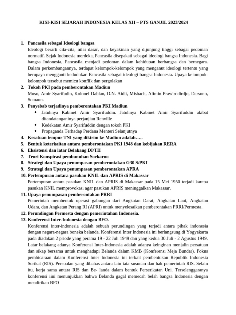 Kisi-Kisi Sejarah Indonesia Kelas Xii | PDF