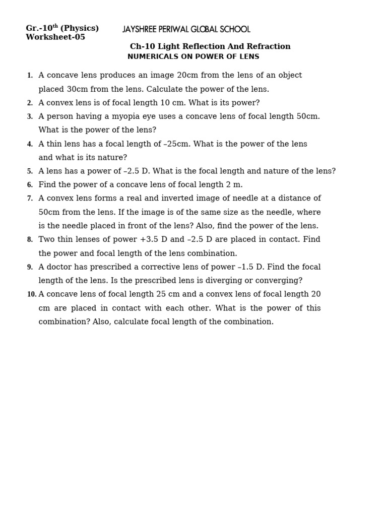 Class 10 Light Lens Numericals Worksheet | PDF | Science & Mathematics