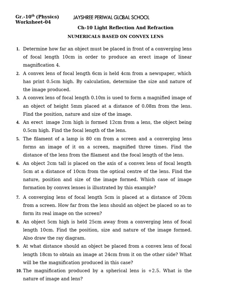 Worksheet - 4 (CH 10 - Light Reflection and Refraction - 10TH Cbse ...