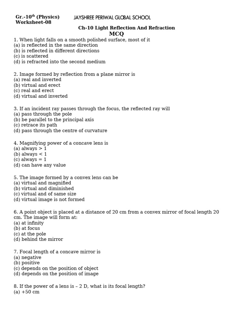 Worksheet - 8 (CH 10 - Light Reflection and Refraction - 10TH Cbse ...