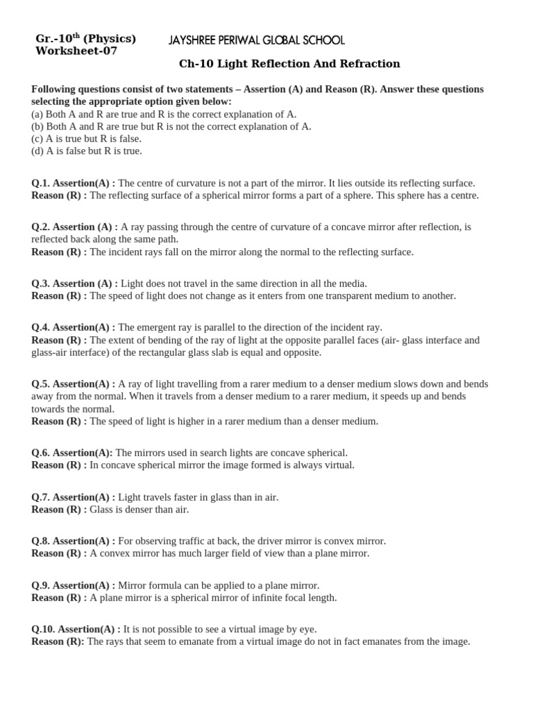 WORKSHEET - 7 ( CH 10 -LIGHT REFLECTION AND REFRACTION - 10TH CBSE ...