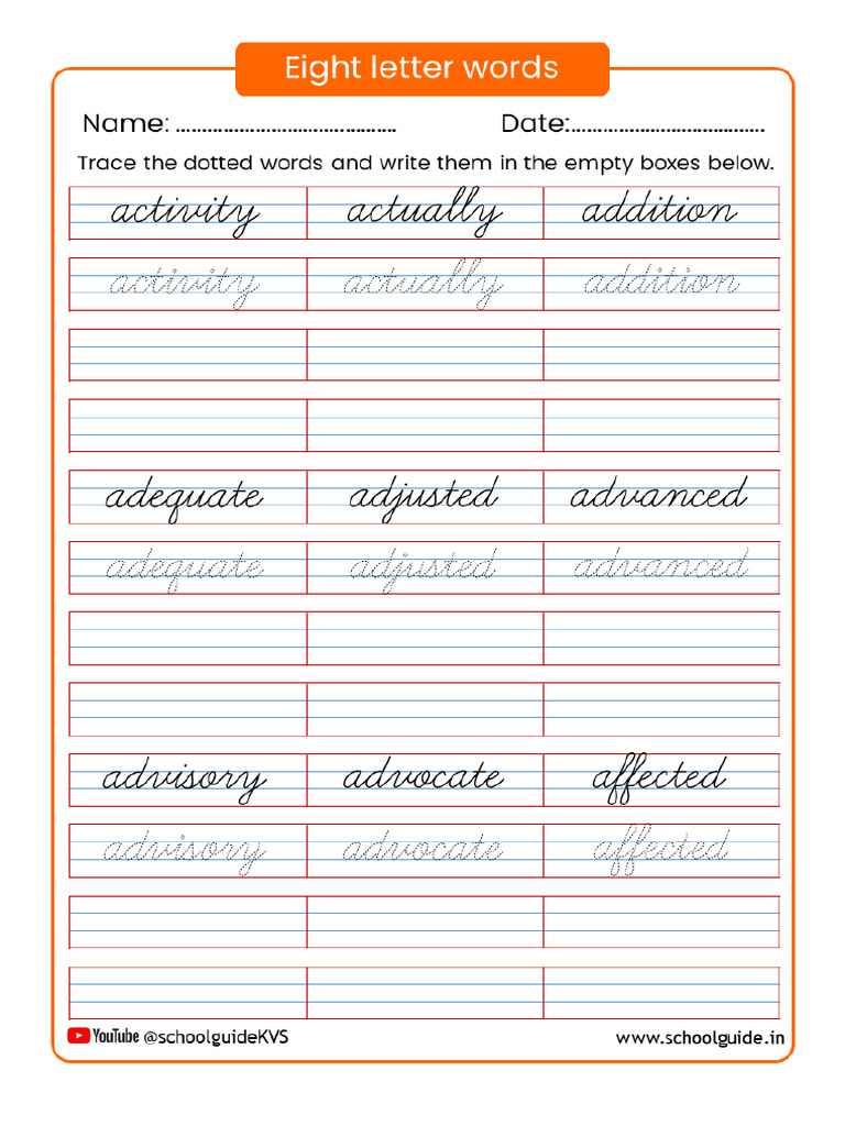 Eight Letter Words Cursive Worksheet 2 | PDF