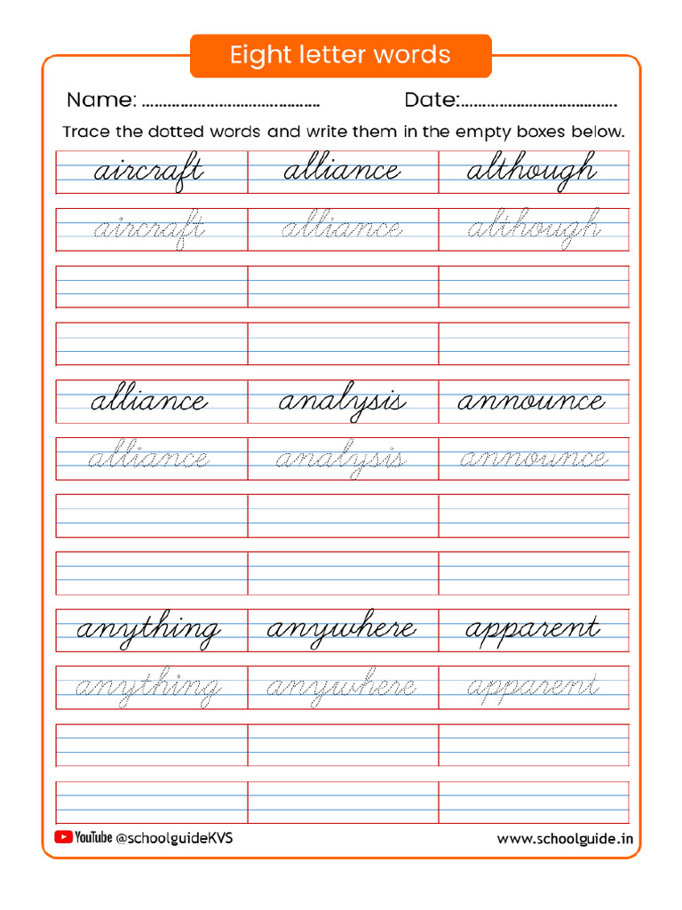 Eight Letter Words Cursive Worksheet 3 | PDF