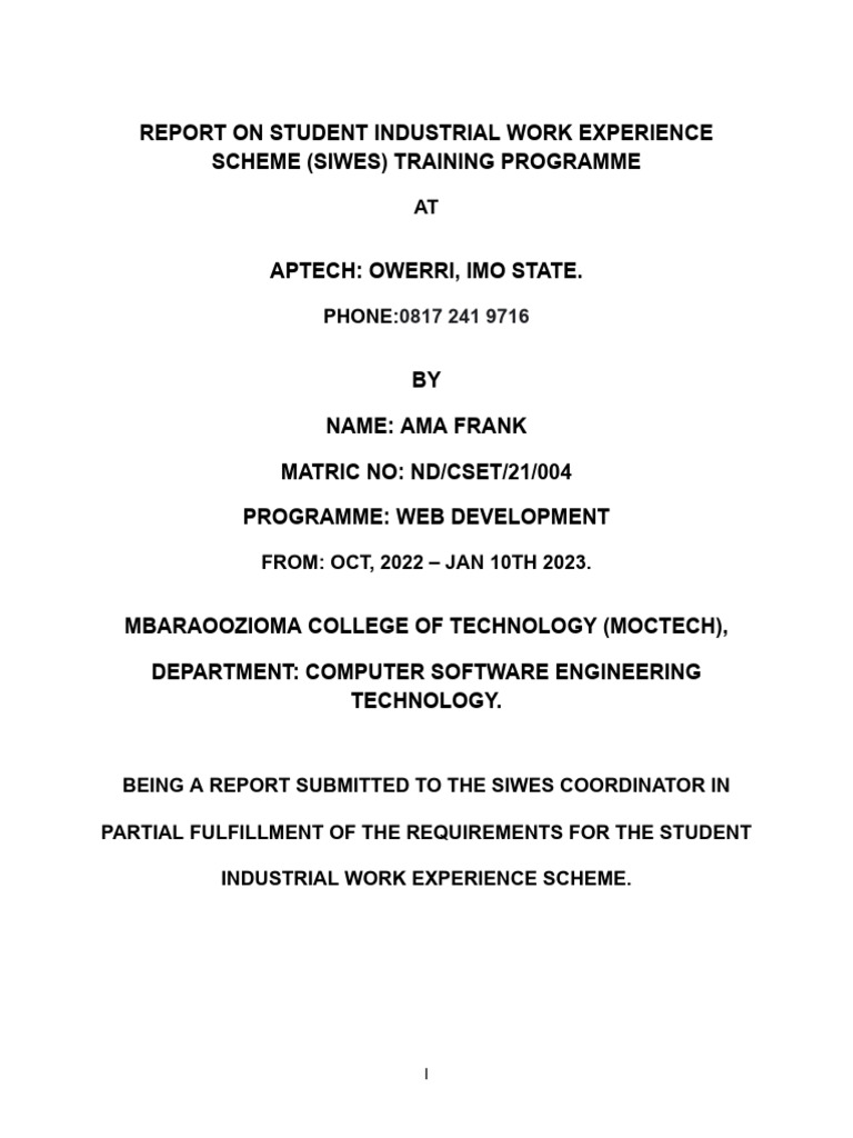 Report On Student Industrial Work Experience Scheme (Siwes) Training ...