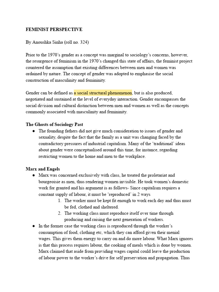 Feminist Perspective 1st Reading Notes | PDF
