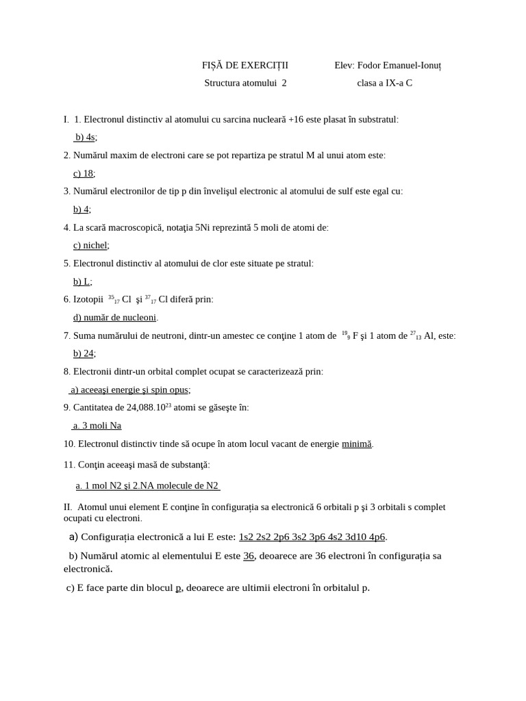 FISA DE EXERCITII - Structura atomului II | PDF