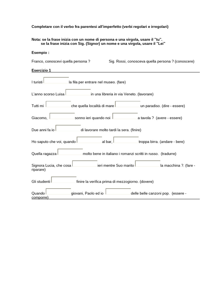 Imperfetto Esercizi I | PDF