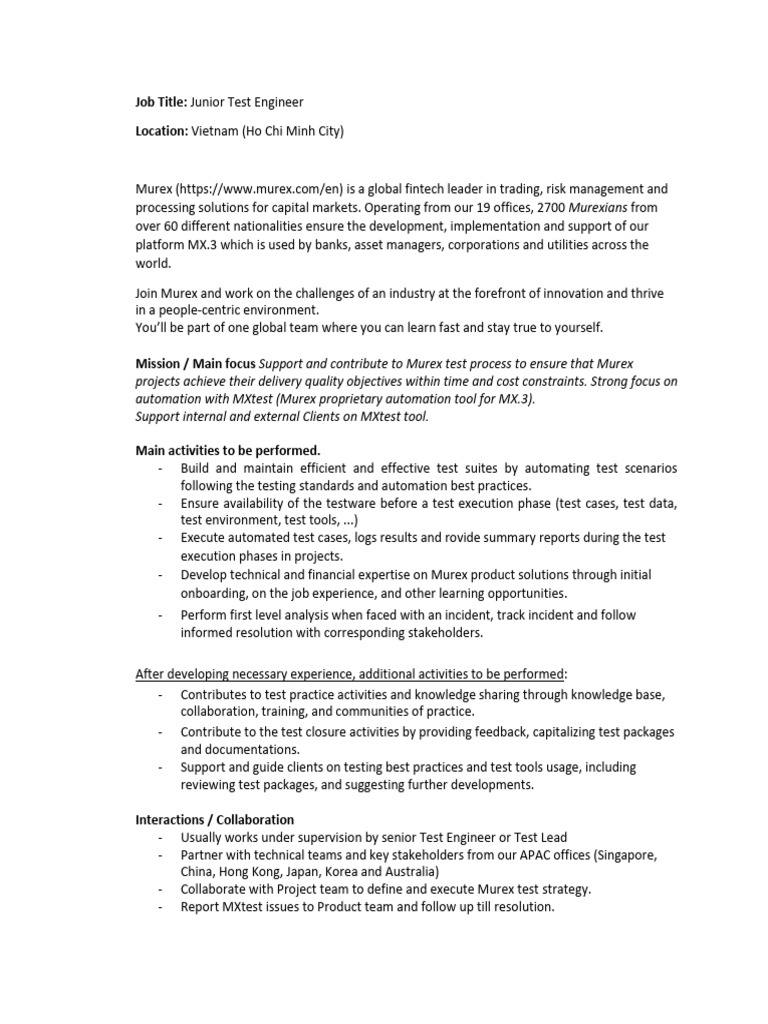 Junior Test Engineer JD Murex Vietnam | PDF