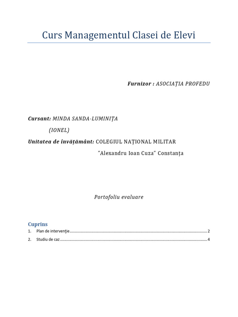 Portofoliu Evaluare - Managementul Clasei de Elevi | PDF