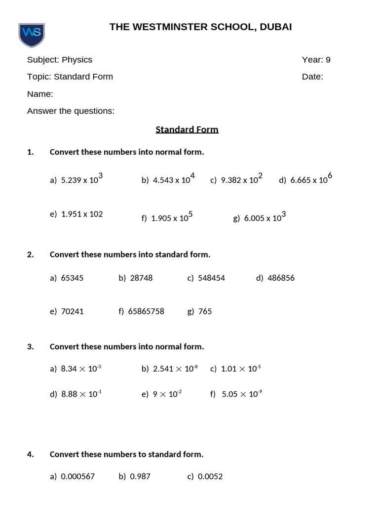 Year 9 - Physics - Standard-Form Worksheet | PDF