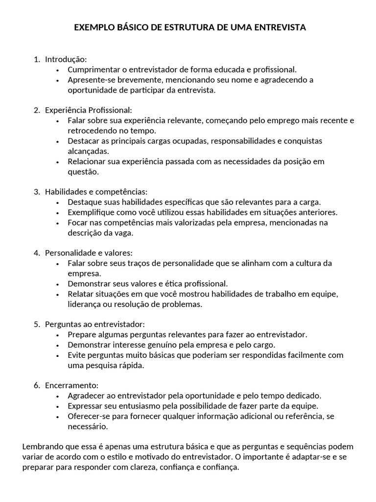 Exemplo Básico de Estrutura de Uma Entrevista de Emprego | PDF