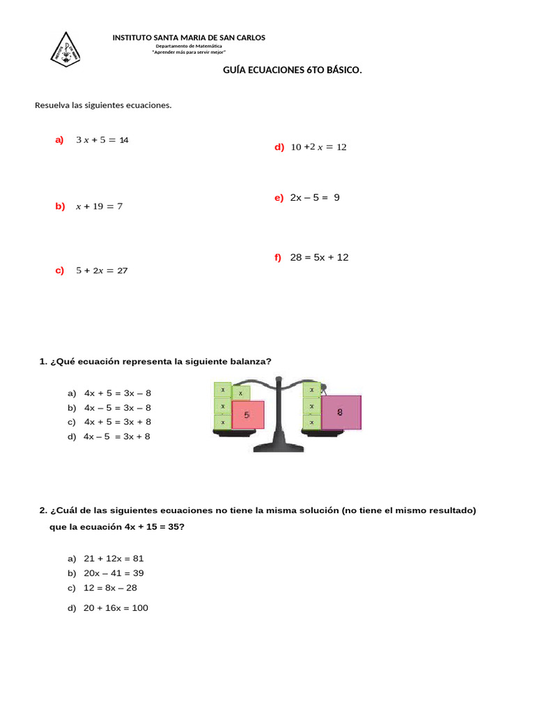 Guía Ecuaciones 6to Básico | PDF