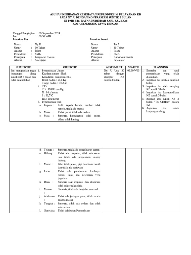 SOAP KB Suntik 3 Bulan Ny. U Lama | PDF