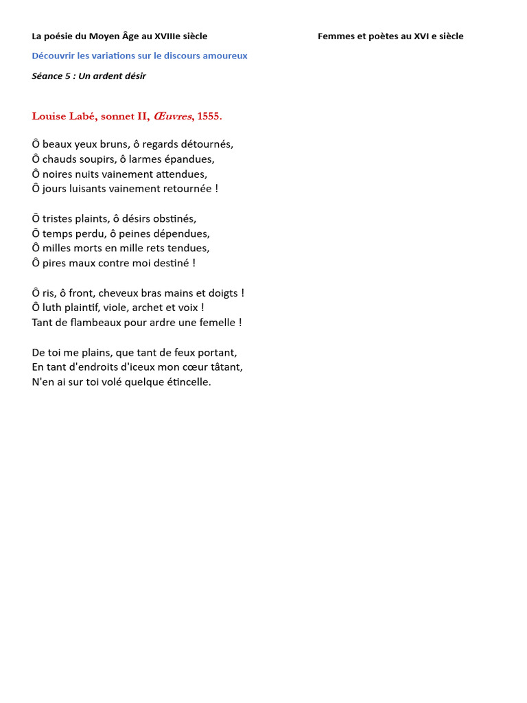 Séance 5 - Un Ardent Désir - Louise Labé - Sonnet II - Oeuvres | PDF