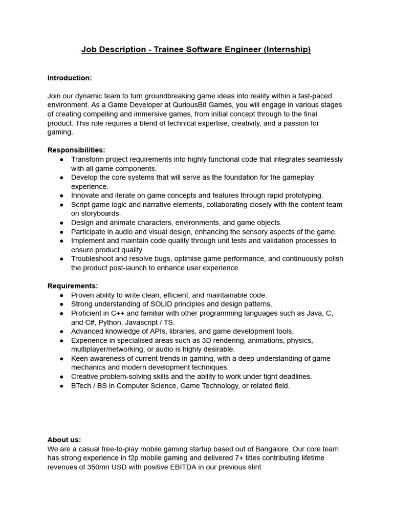 Job Description - Trainee Software Engineer (Internship) | PDF