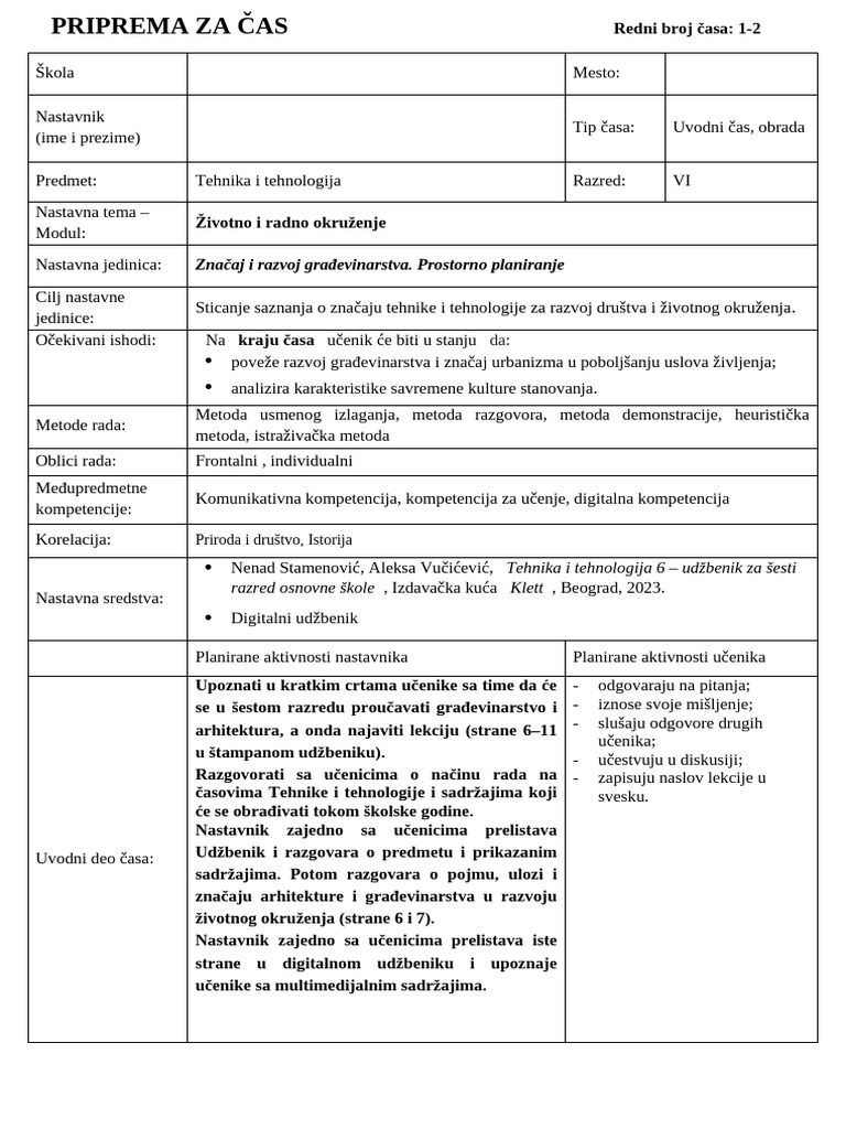 Priprema Za Čas 1-2 - Pojam I Znacaj Gradjevinarstva. Prostorno Planiranje | PDF