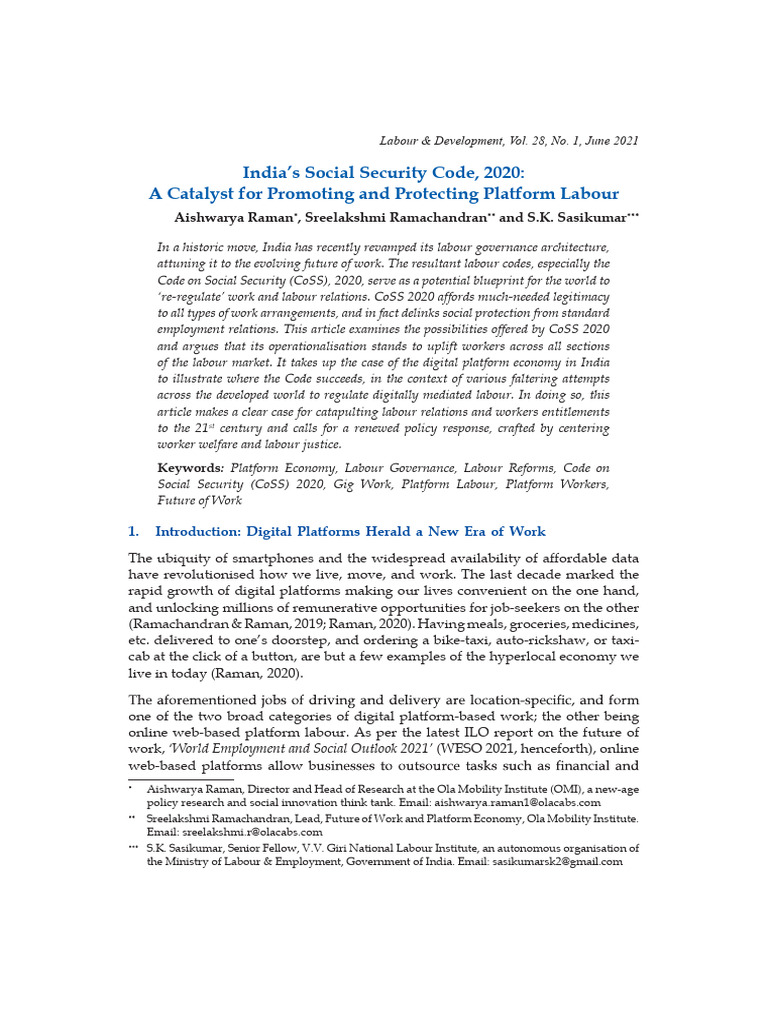 India's Social Security Code, 2020 A Catalyst For Promoting Platform Labour by Aishwarya Raman ...