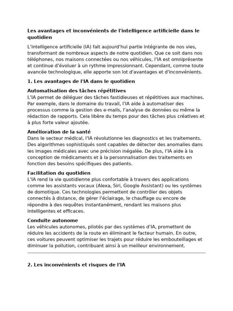 Les Avantages Et Inconvénients de L'intelligence Artificielle Dans Le Quotidien | PDF
