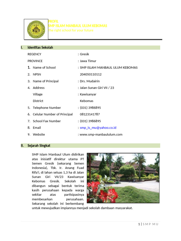 Contoh Profil Sekolsh Profil - SMP - MU - 2013 | PDF