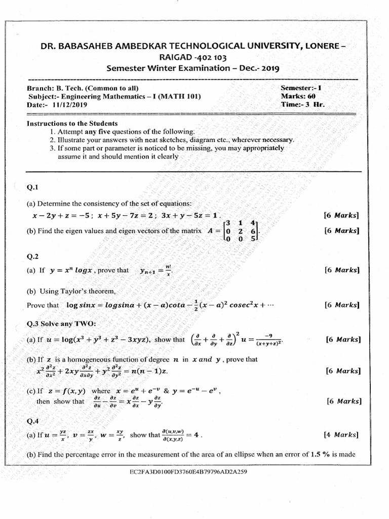 Btech 1 Year Engineering Mathematics 1 Math101 Dec 2019 | PDF
