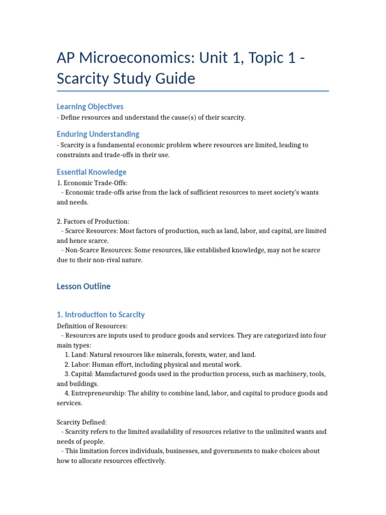 AP Microeconomics Unit1 Topic1 Scarcity Study Guide | PDF | Opportunity ...
