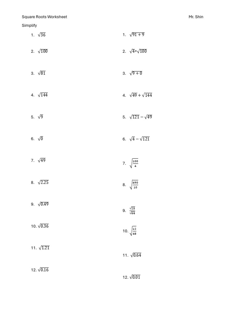 1.4a Square Roots Review - Worksheet With Key | PDF