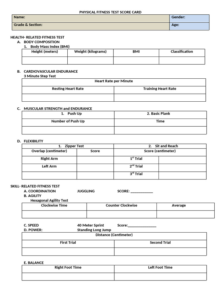 g11-PHYSICAL-FITNESS-TEST-SCORE-CARD-1 | PDF