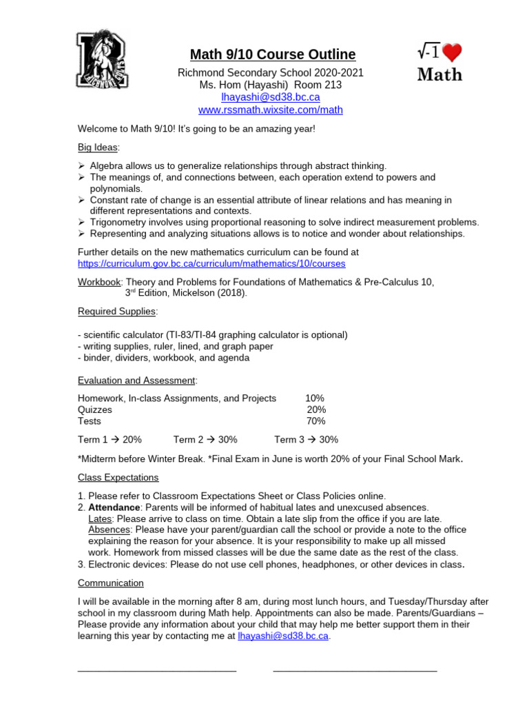 Math 9+10 Course Outline 2020-21 | PDF