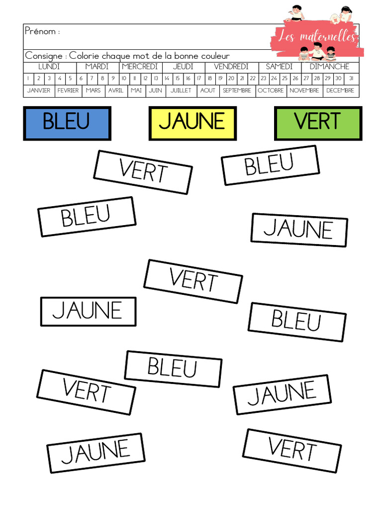 Colorie Les Mots de La Bonne Couleur - Petit Bleu Et Petit Jaune | PDF