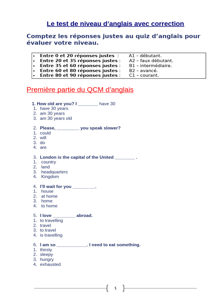 Le Test de Niveau Anglais | PDF