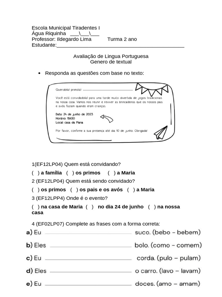 prova portugues 2 ano | PDF