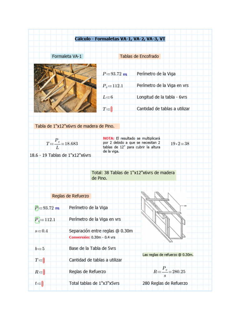 Cálculo Formaleta VA-1 PDF | PDF