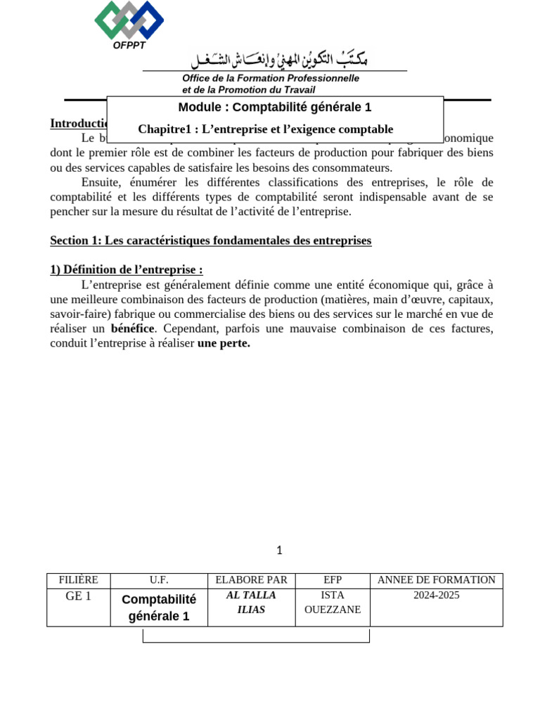 Module: Comptabilité Générale 1: Chapitre1: L'entreprise Et L'exigence Comptable | PDF