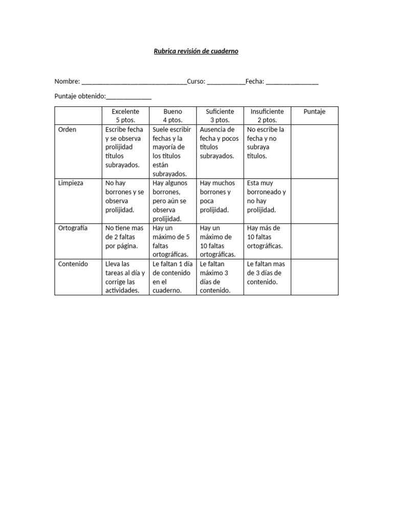 Rubrica Revisión de Cuaderno | PDF