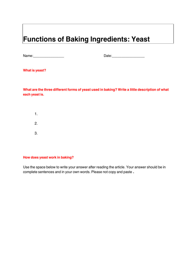 Functions of Ingredients Yeast | PDF